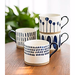 Koja Hand Painted 15 oz. Porcelain Ceramic Mugs Set. Service for 4.