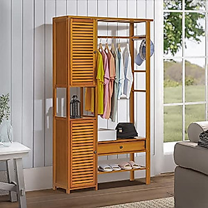 MoNiBloom Closet Organizer with Two Shutter Doors and 1 Drawer, Bamboo Freestanding Clothes Garment Rack with a Hanging Rob, 2 Storage Shelves, 2 Hooks and Pants Rack, Brown