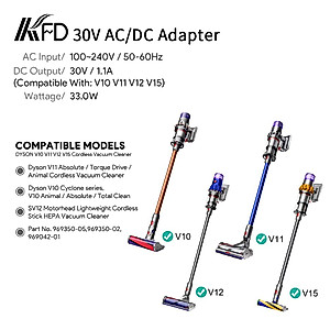 KFD 30V Replacement Dyson V10 V11 V12 V15 Charger AC Adapter for Dyson Cyclone V10 Absolute Animal Motorhead, Dyson V11 Torque Drive/Animal/Absolute Cordless Vacuum Cleaner Power Supply Cord Cable