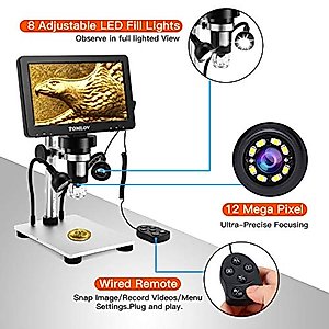 TOMLOV DM9 7" LCD Digital Microscope 1200X, 1080P Video Coin Microscope with Metal Stand, 12MP Ultra-Precise Focusing, LED Fill Lights, PC View, Windows/Mac OS Compatible, with SD Card, Model- DM9