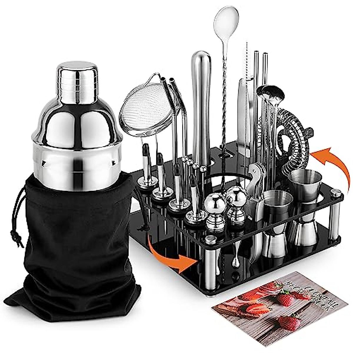 KINGROW Mixology Cocktail Shaker Set - Complete 29-Piece Bartender Kit and Bar Tools with Acrylic Rotating Stand, Professional Bar Set for Drink Mixing, Home, Bar, Party (Sliver)