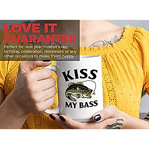 Fishing Coffee Mug 15oz White - Fisher, Retirement Dad - Fishing, Fish Lover, Hook, Bait, Reel, Rod, Spooling, Outdoor Hobby (Kiss Bass)