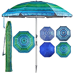 Ridota 7.2' Beach Umbrella with Sand Anchor, Outdoor Portable Beach Umbrella for Sand with Tilt Pole, Carry Bag, Air Vent, Green Stripes