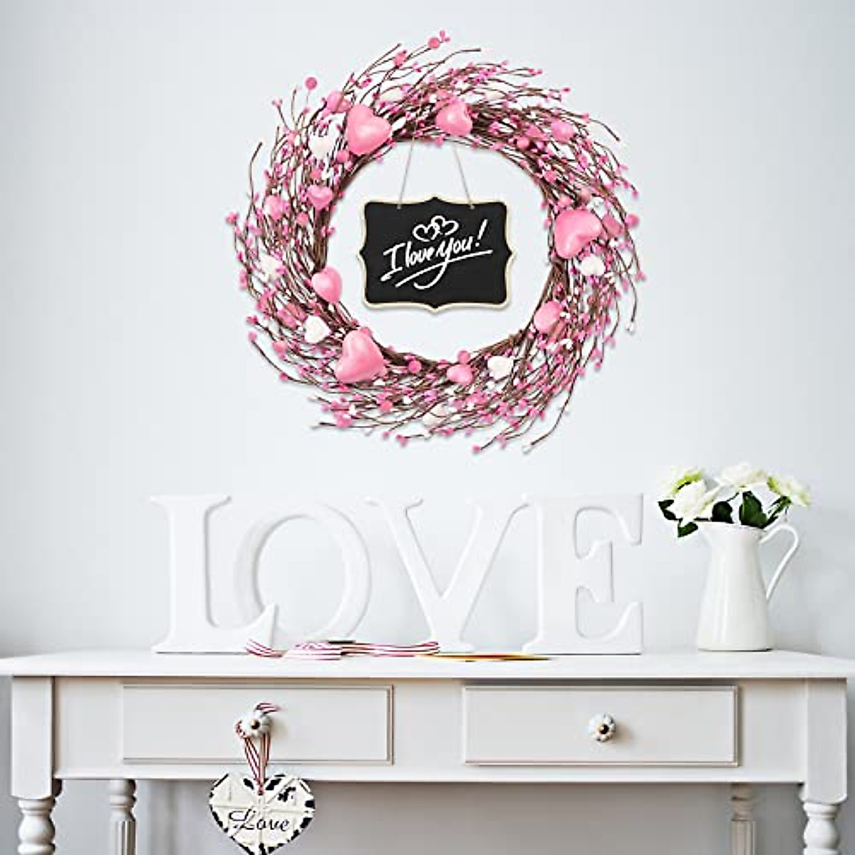 Artflower Pink Pip Berry Wreath Heart Shaped Artificial Decoration Rustic Twig Fake Garland Handmade Festival Gifts for Valentine's Day Wedding Garden Door Wall Hanging Home Indoor Office Decor