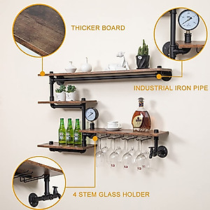 HEONITURE Bar Shelf Industrial Pipe Shelving 4 Stem Glass Holder,39in Floating Wine Rack Wall Mounted Shelves,Hanging Liquor Shelves,Display Rack Home Bar Living Room Black 7.87Dx7.87Wx23.6H''