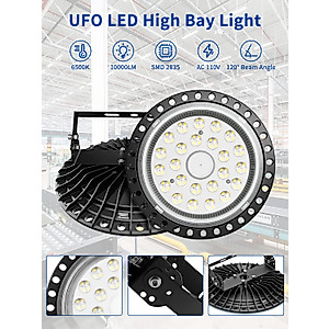 4 Pack LED High Bay Light|100W 10000LM UFO LED High Bay Light|6500K Daylight LED Shop Light|IP65 Waterproof LED Commercial Warehouse Area Light|LED Garage Light for Garage Gym Factory Warehouse