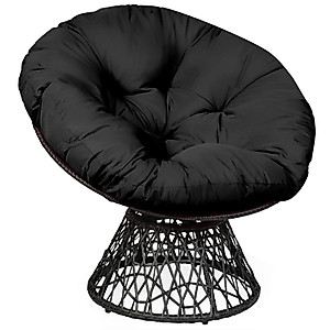 Giantex Rattan Round Papasan Chair, 360-Degree Swivel Egg Chair with Soft Cushion, Living Room Chair Leisure Chair with Gray Frame Indoor Outdoor Use (Black)