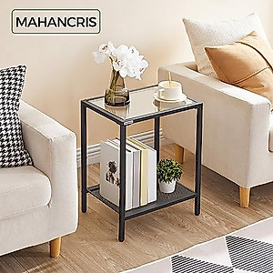 MAHANCRIS End Tables Set of 2, Side Table with Tempered Glass Top, Narrow Beside Table for Small Space, 2-Tier Nightstand with Storage Shelf, for Sofa Couch and Bed, Easy Assembly, Black ETH24B01S2
