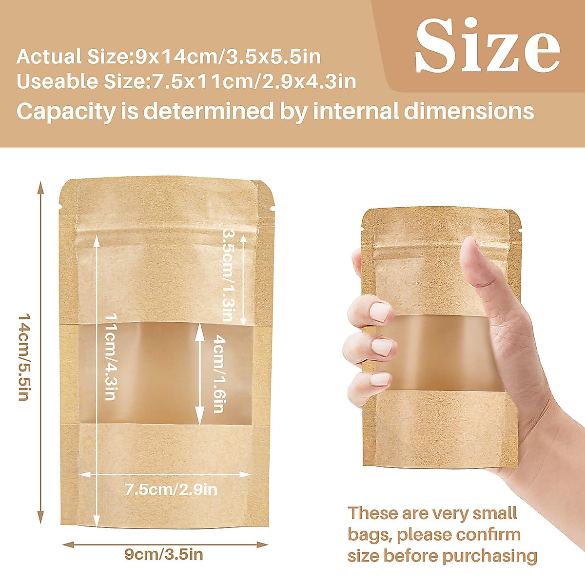 MAQIHAN 50 Stand Up Pouches Bags - 3.5"×5.5" Resealable Ziplock Kraft Paper Bags Window Food Packaging Homemade Bagel Bread Cookie Candy Tea Herb Spice Coffee Jerky Dog Treat Bags Small Business