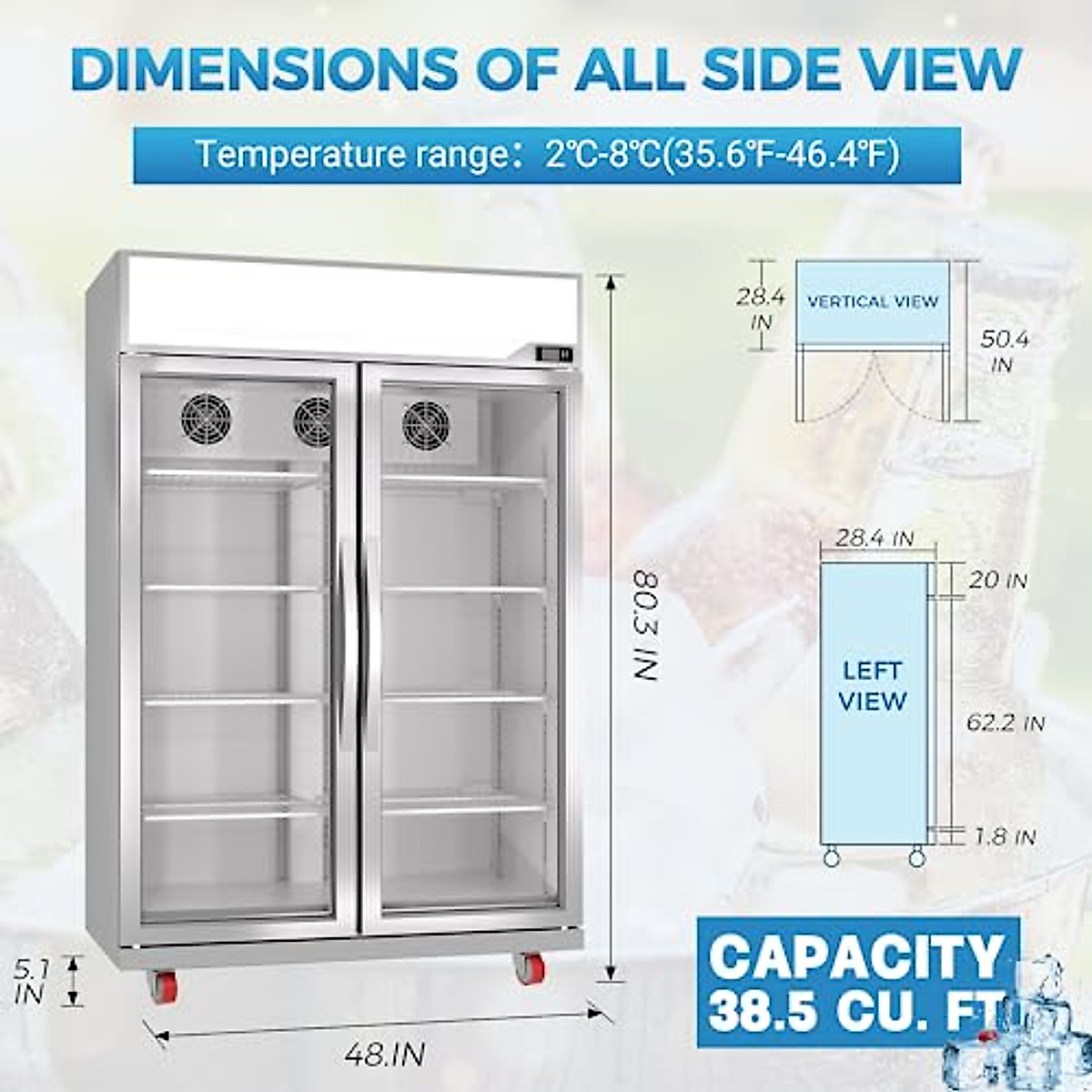 HIPOPLLER Commercial Glass 2 Door Display Refrigerator Merchandiser - Upright Beverage Cooler with LED Lighting - 38.5 Cu. Ft., Silver