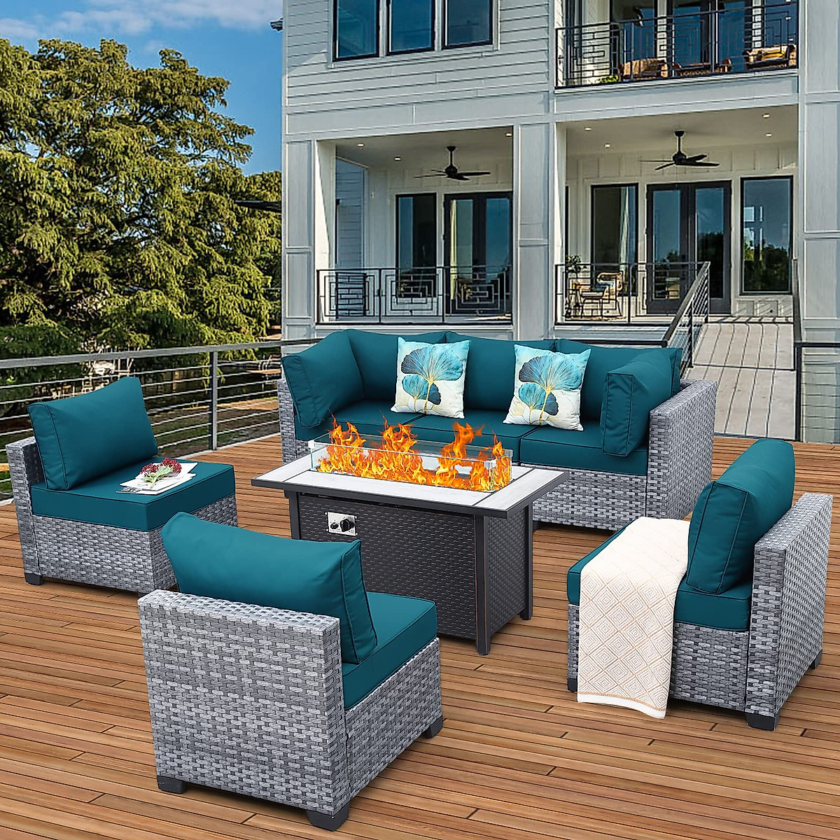 Lviden 7 Pieces Wicker Patio Furniture Set,PE Rattan Outdoor Sectional Conversation Sofa Set with Fire Pit Table, Non-Slip Cushions and Furniture Cover, Peacock Blue