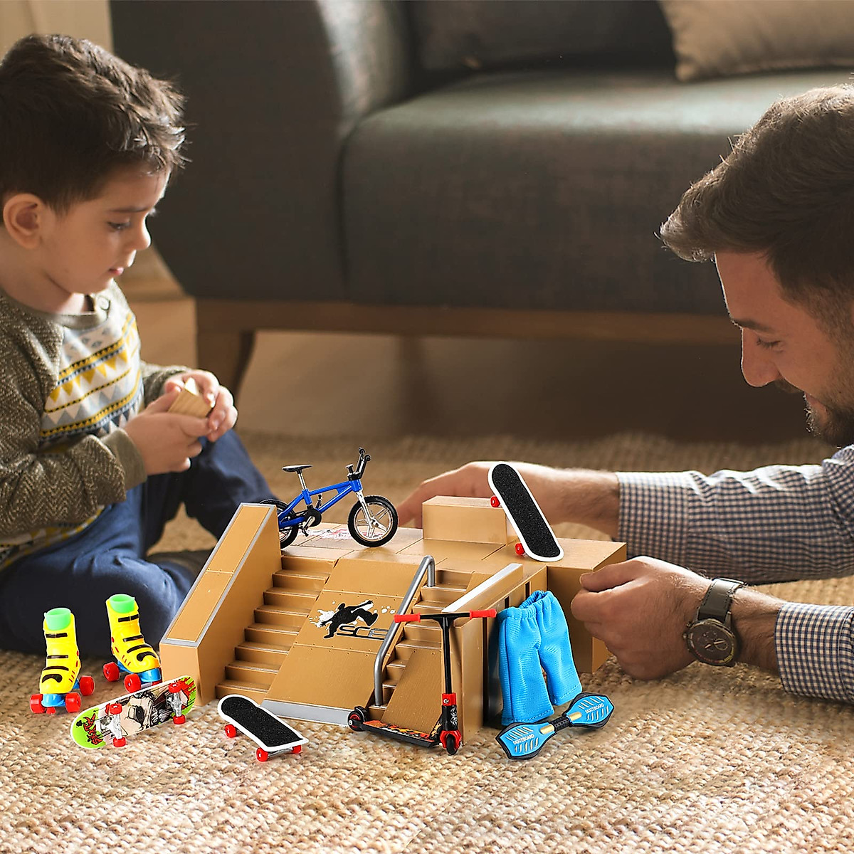 DaCool Skate Park Kit 16Pcs Fingerboard Ramp Decks Finger Skateboards Swing Board Mini Finger Toys Bikes Skates Scooter Multiple Skate Park Model for Finger Skateboard Training Educational and Fun