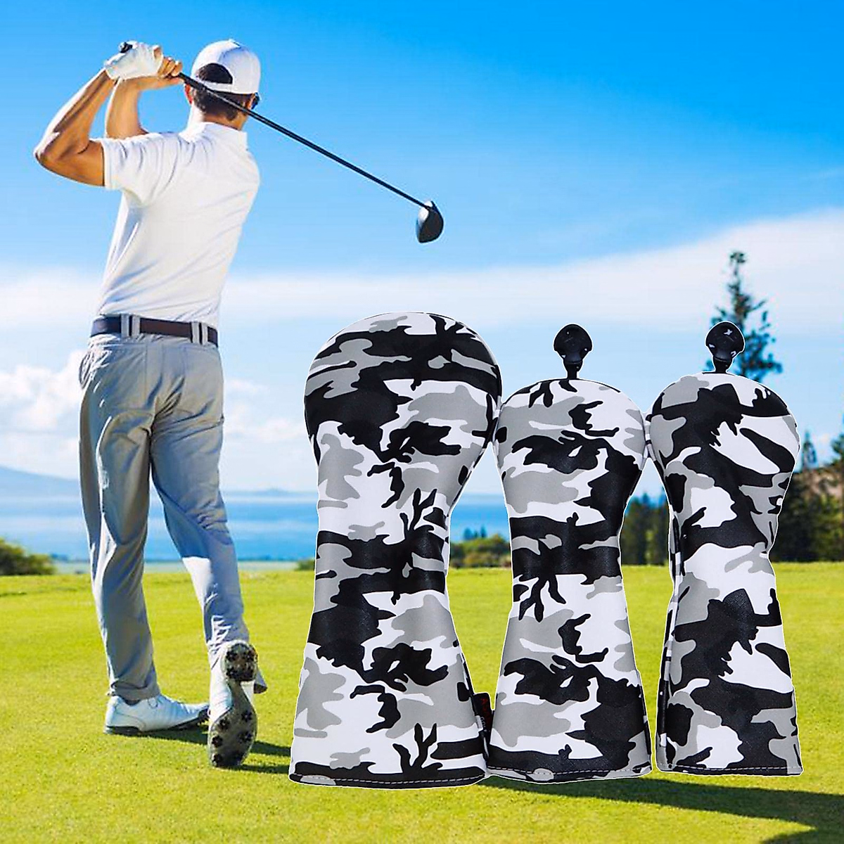 Milageto 3 PCS Waterproof Camouflage Golf Club Head Covers for Fairway Wood and Driver Headcover Black Camo Pattern with Number Tag - 3PCS No 1 3 5