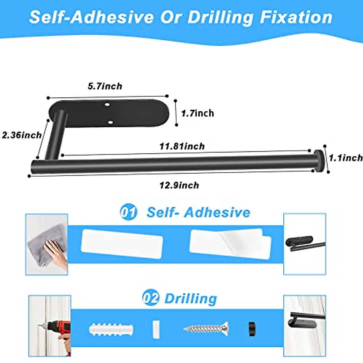 Paper Towel Holder Under Cabinet, Paper Towel Rack Roll Holder for Kitchen Bathroom Toilet Large Roll Paper, Paper Towel Holder Wall Mount, Self-Adhesive or Screws, 304 Stainless Steel, Black