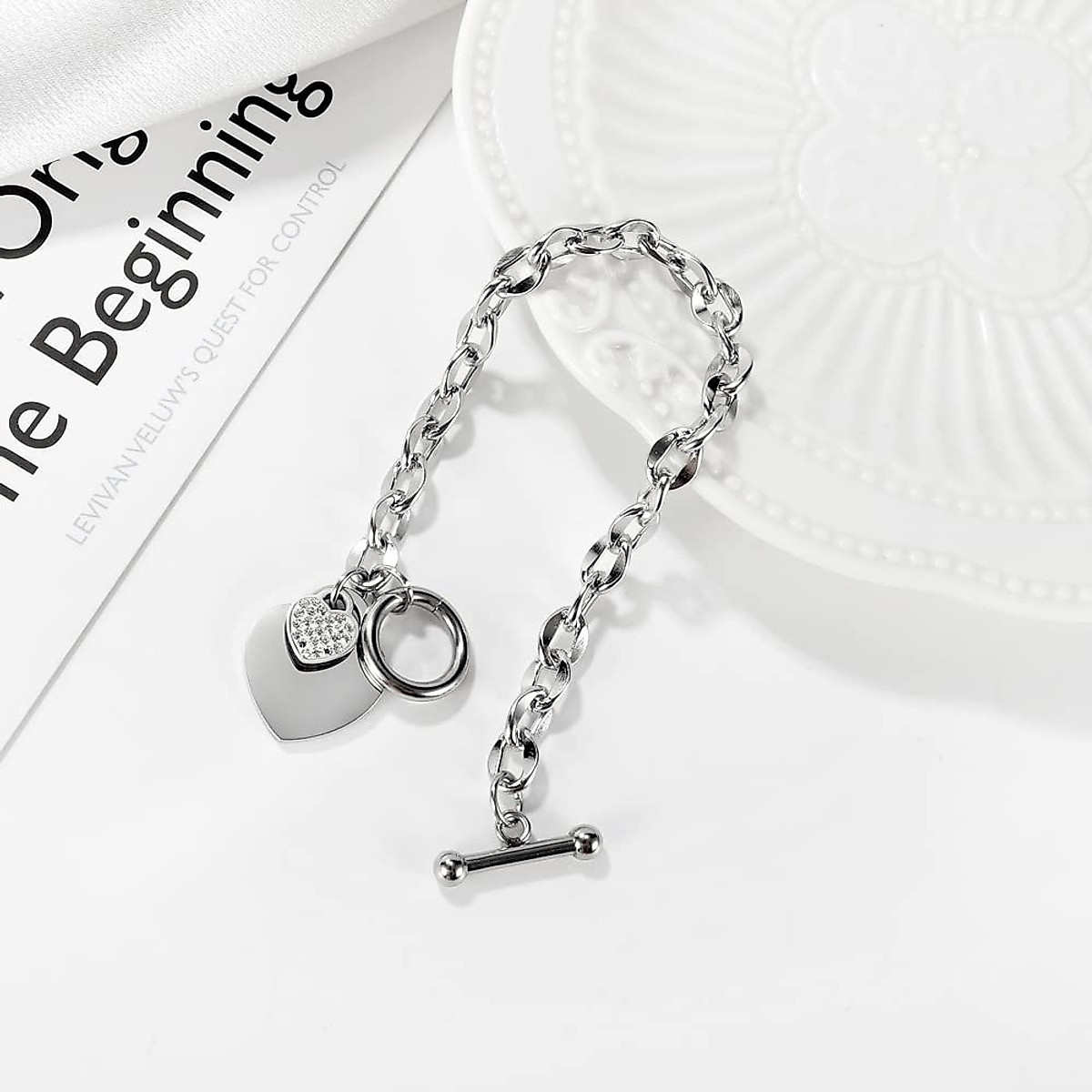 Jukoclut Stainless Steel Cubic Zirconia Heart Charm Toggle Clasp Chain Bracelets for Women Silver