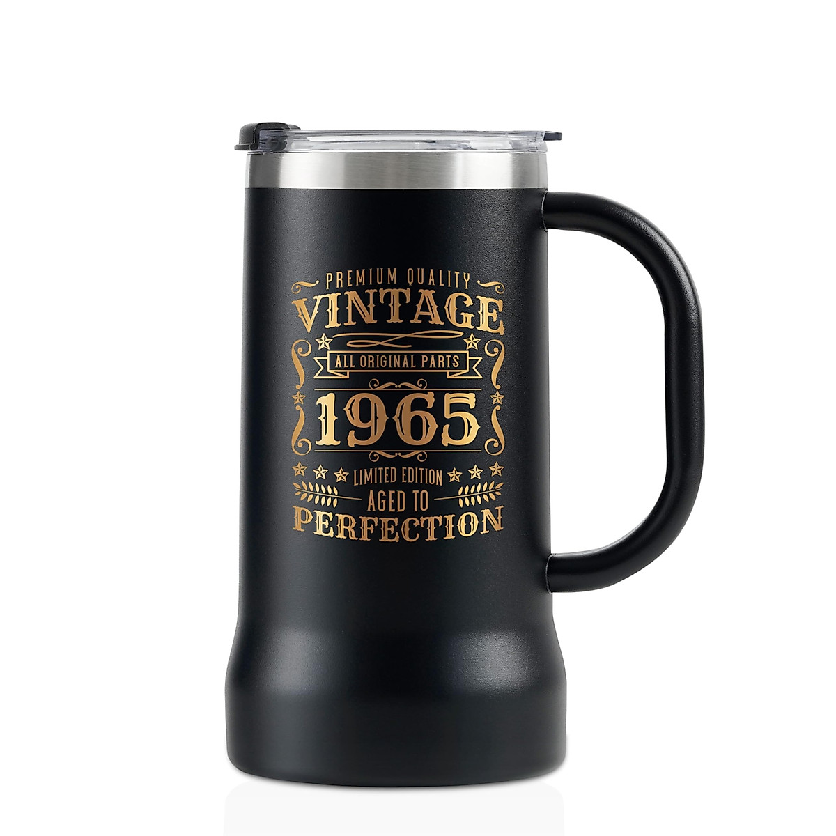 Onebttl 60th Birthday Gifts for Men, Dads, Grandfathers, Granddads, Husband, Uncles, Vintage 1965 Birthday Beer Stein, 24oz Stainless Steel Travel Mug, Black