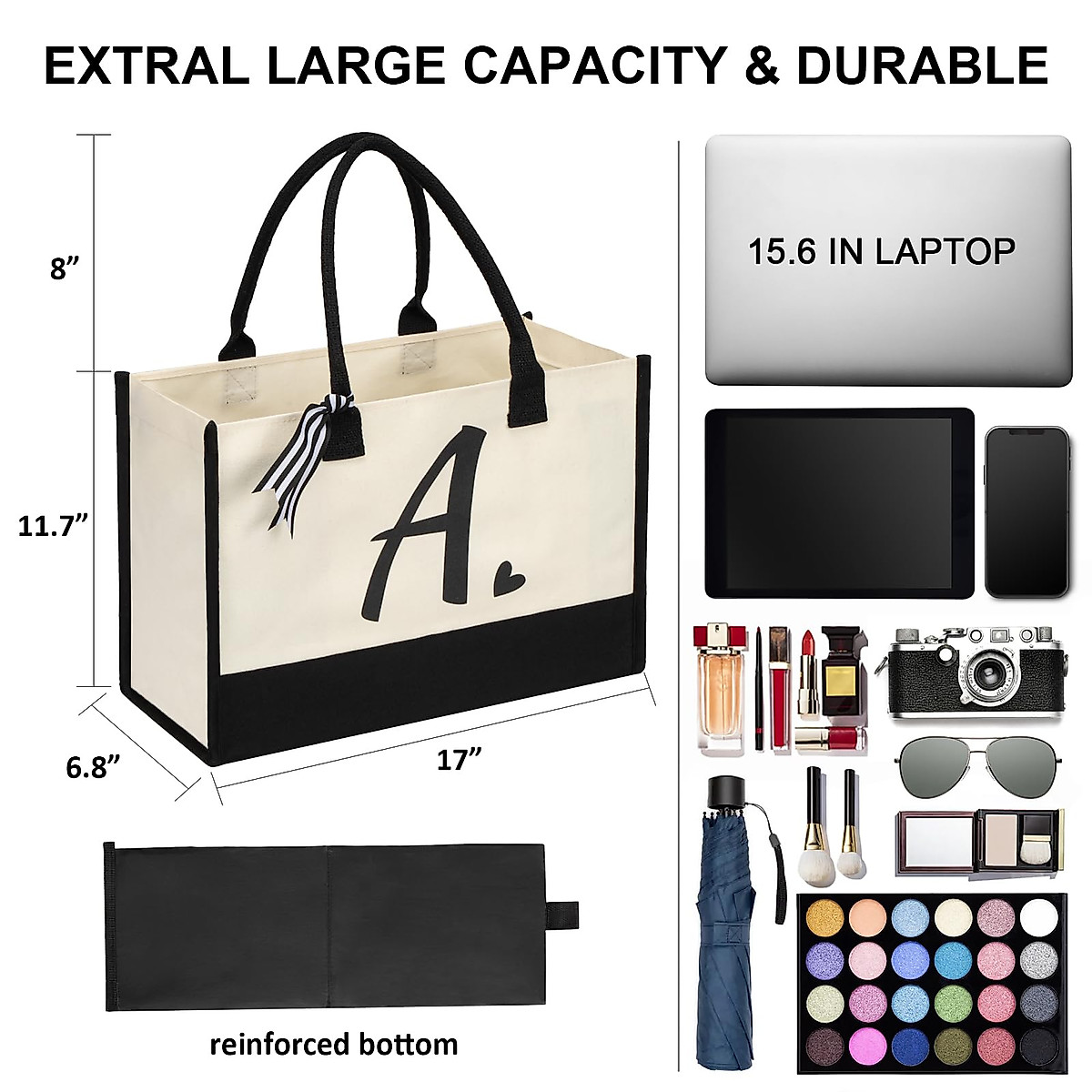 shenee Initial Canvas Tote Bag, Personalized Beach Jute Bag Present for Women Holiday, Friends Birthday Gift, Beach, Wedding (Letter A)