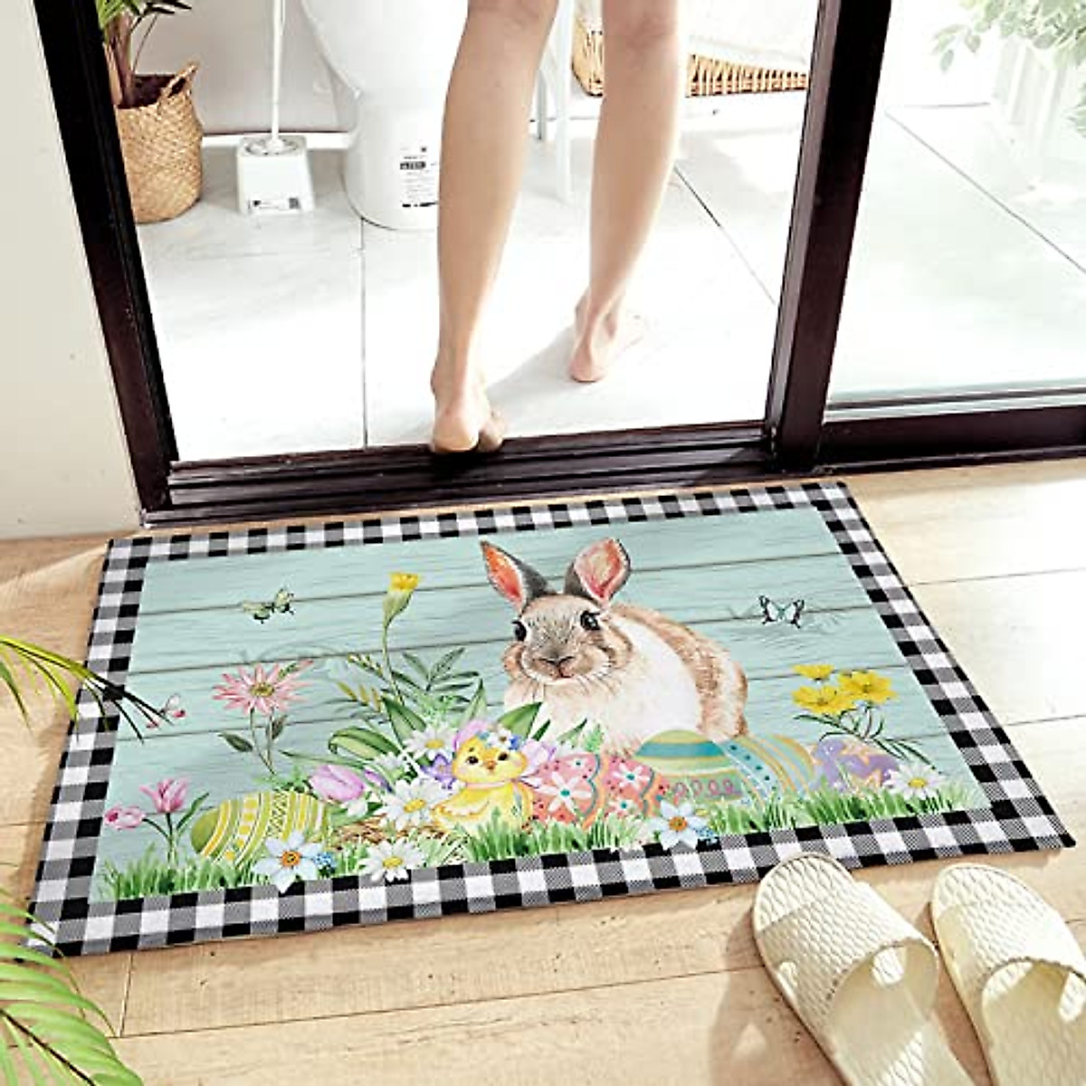 Easter Egg Bath Mat, Soft Absorbent Microfiber Plush Bathroom Rugs Mat Non Slip Doormat Floor Mat Carpet Easter Bunny Colorful Eggs Farm Chick Black Plaid 16x24