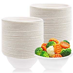 Hamiggaa 100 Pcs 8oz Disposable Paper Bowls,Natural Compostable Bowls,White Heavy-Duty Bagasse Bowls for Parties,Catering and Everyday Use