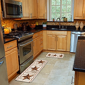 Rustic Kitchen Rugs Sets 2 Piece Floor Mats Western Texas Star and Primitive Berries on Country Wooden Plank Doormat Farm Wooden Area Runner Bath Rug Non Slip Chef Mat Farmhouse Carpet Set for Bedroom