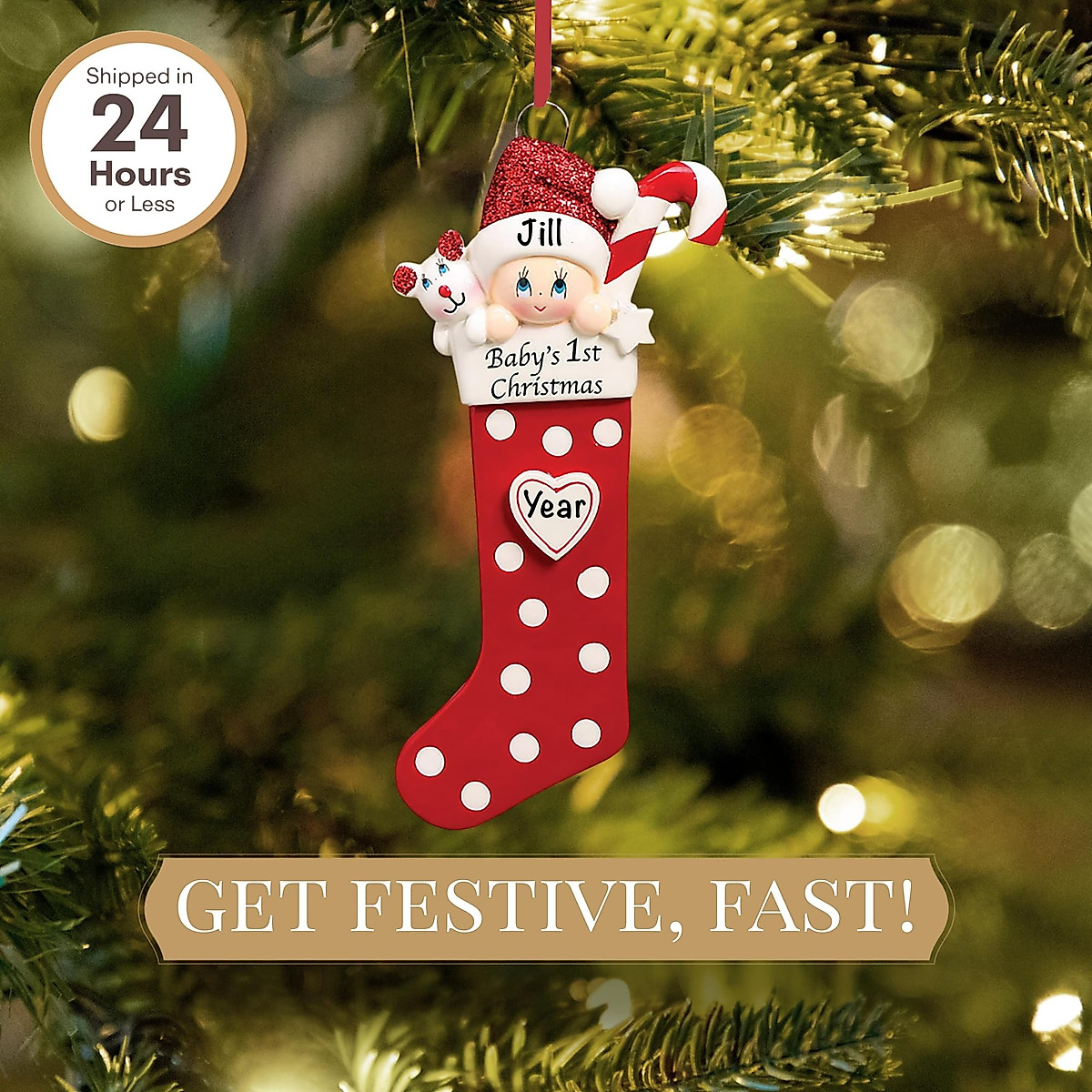 Personalized Baby Ornament 2024 – Fast & Free 24h Customization – Baby First Christmas Ornament for Tree – Custom Gift Wrapped Red Baby 1st Christmas Stocking Keepsake for Newborns