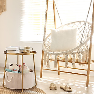 danpinera Gold Side Table, Small Round Side Table with Fabric Storage Basket, Metal Side Table for Nursery, Living Room, Bedroom, Bathroom