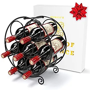Elegant Metal Wine Rack - fits All Bottle Sizes, 7 Bottles Storage Holder, Black Countertop Stand, Decor for Kitchen Table, Cabinet or Storage Counter, Display on Bar, Glass and Wood Racks, Great Gift