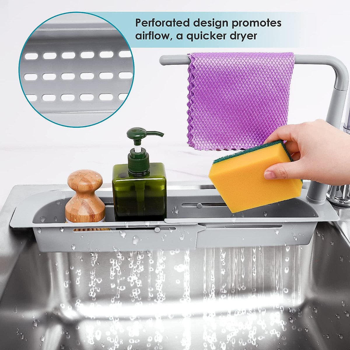 NiHome Roll Up Dish Drying Rack with Sink Caddy Expandable, Over The Sink Dish Drying Rack Portable Stainless Steel Rolling Rack Multipurpose Sponge Holder for Kitchen Sink