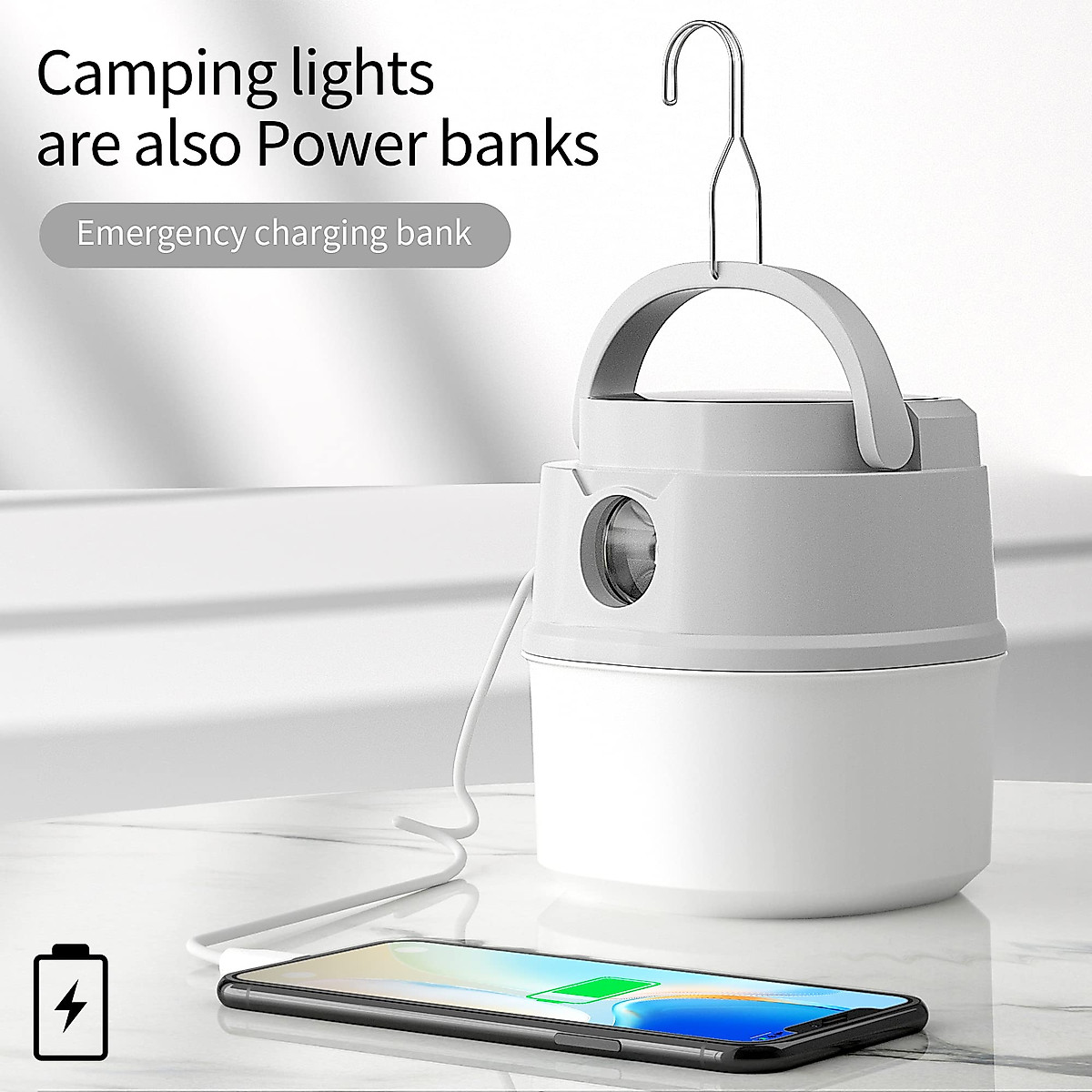 UCGG Solar Camping Lantern, Rechargeable LED Camping Lantern, 4 Light Modes One-Button Switching, Standby Charging Bank, Waterproof, for Hurricane Emergency, Outdoor, Hiking, Home and Car