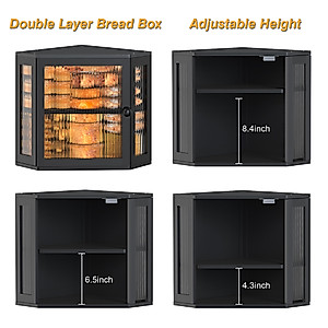 Corner Bread Box Extra Large Bamboo Wood Bread Box for Kitchen Countertop - Double Bread Container with Adjustable Height - Modern Black Easy To Assemble