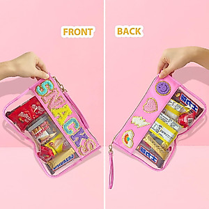 dark swan 1PCS Chenille Patch Nylon Pouch,Clear Waterproof Snacks Bag,With Preppy &Letter Double Sided Patches Multi-purpose Makeup Travel Bag for Women Girls