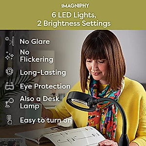 iMagniphy 8X Desk Magnifying Light - White or Black - Magnifying Lamp for Reading, Crafts - Desk Magnifying Glass with Light and Stand, 6 LEDs, Base
