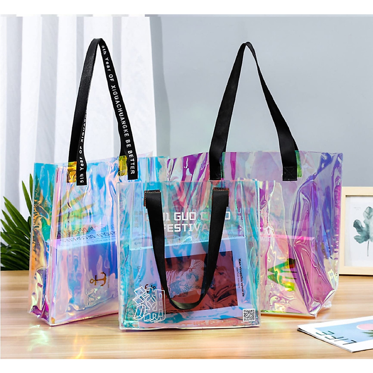 Jainnowa Clear Tote Bag, Hologram Large Clear Tote, Clear Bags Stadium Approved, 16"X 12"X 6" Translucent & Reflective Transparent See Through Big Clear Tote Handbag, Clear Tote Bags