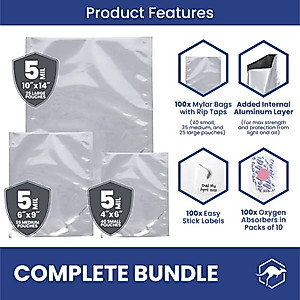 Wallaby 100 Count Mylar Bag Bundle - 5Mil Multi-Size Pouches, 100x 400cc Oxygen Absorbers, 100x Labels - Heat Sealable, Food Safe & BPA-Free - Long-Term Storage for Preppers - Silver (Flat)