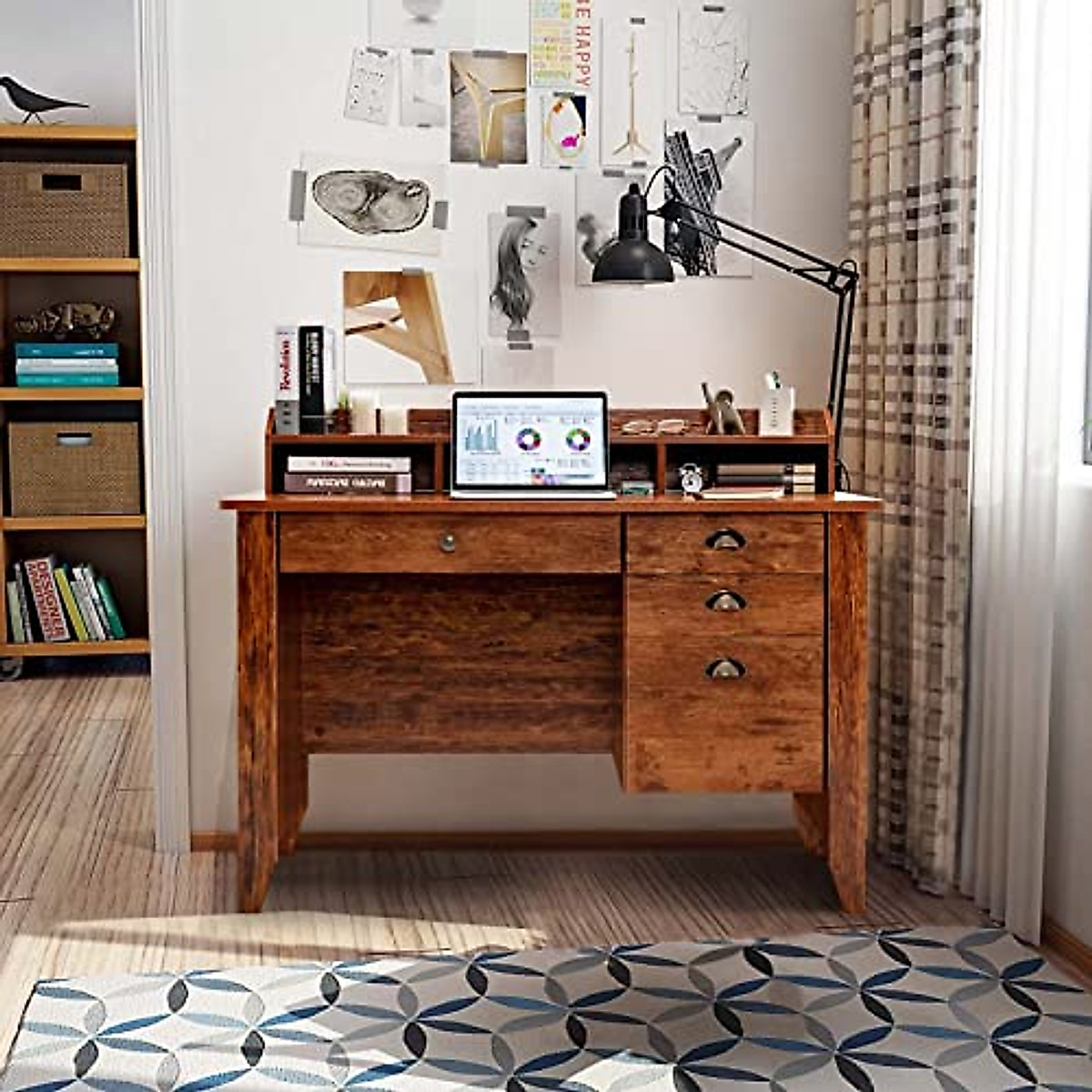 GOFLAME 48” Computer Desk with Hutch, Vintage Home Office Desk with Storage Drawers & Shelves, Space Saving Laptop PC Table, Wooden Study Writing Workstation, Rustic Brown