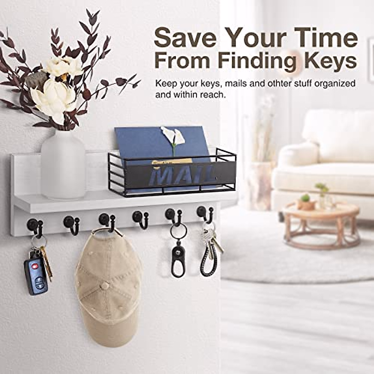 rorecay Key Holder for Wall Decorative: Easy Install Farmhouse Key Hanger Mail Organizer Wall Mount, Wood Keyholder Mail Holder with Shelf for House Entryway Decor, White