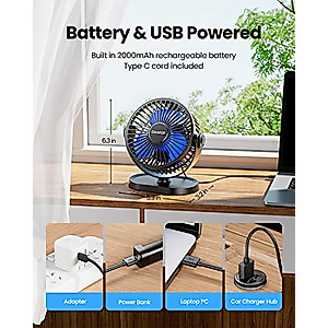 Gaiatop Small Desk Fan Baterry Operated, 360°Rotation Rechargeable Portable Fan 3 Speed Strong Airflow, 5.5 Inch USB Quiet Table Fan for Home, Office, Bedroom, Camping (Black)