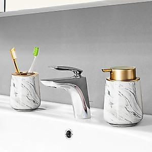 YYW Ceremic Bathroom Accessory Set, 4 Pieces Complete Bath Decor Kit with Imitation Marble Pattern, Foaming Soap Dispenser, Toothbrush Holder, Tumbler and Soap Dish (Grey - 4 Piece Set)