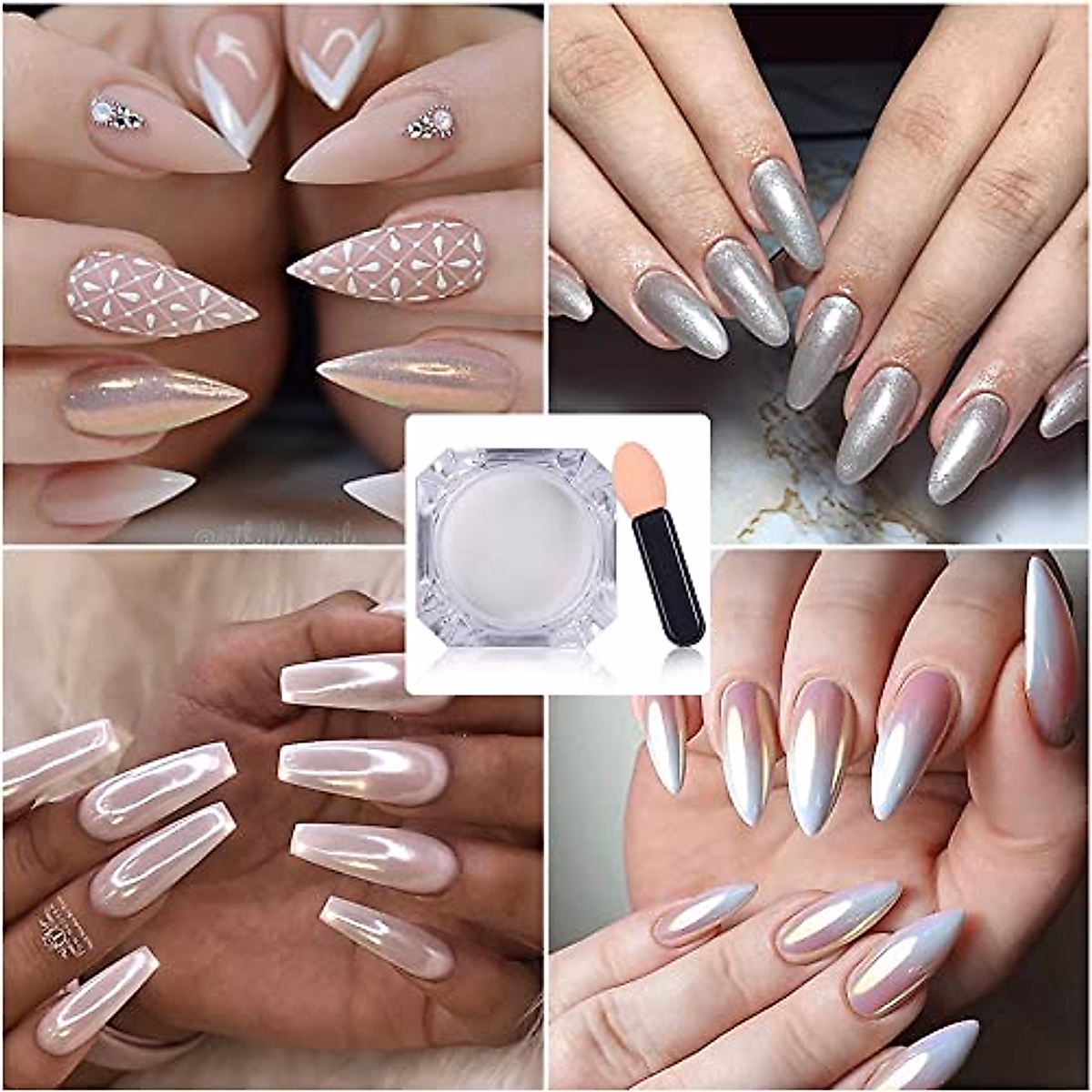 White Pearl Chrome Nail Powder, Pearlescent White Nail Art Jewelry Glitter Powder Mirror Effect Aurora Magic Pearlescent Symphony Mermaid Pearl Neon Nail Powder,DIY Nail Art Decorations Manicure Tool