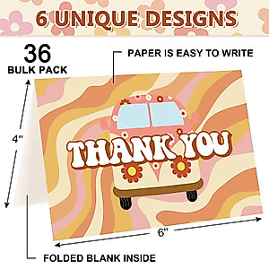 Whaline 36Pcs Groovy Retro Hippie Thank You Cards Thanksgiving Boho Floral Greeting Cards with Envelops and Stickers Rainbow Flower Note Card for Birthday Wedding Bridal Shower Party Decor, 4 x 6inch