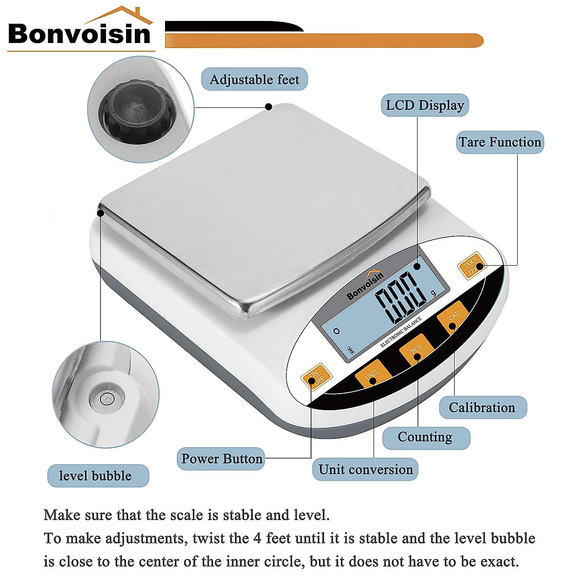 Bonvoisin Lab Scale 5000gx0.01g Digital Precision Analytical Balance 10mg High Precision Electronic Balance Jewelry Scale Kitchen Scale Scientific Scale Laboratory Scale Balance (5000gx0.01g)