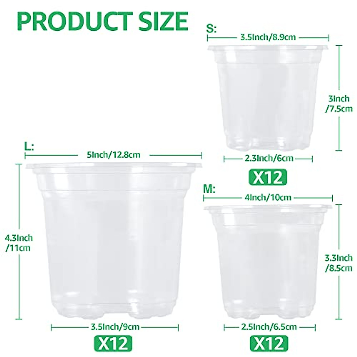 36 Packs 5/4/3.5 Inch Reinforced Clear Nursery Pots with Drainage Hole, Transparent Nursery Pots Variety Pack Plastic Plant Pot Seedling Planter Seed Starter Pots Flower Pot with 20pcs Plant Labels
