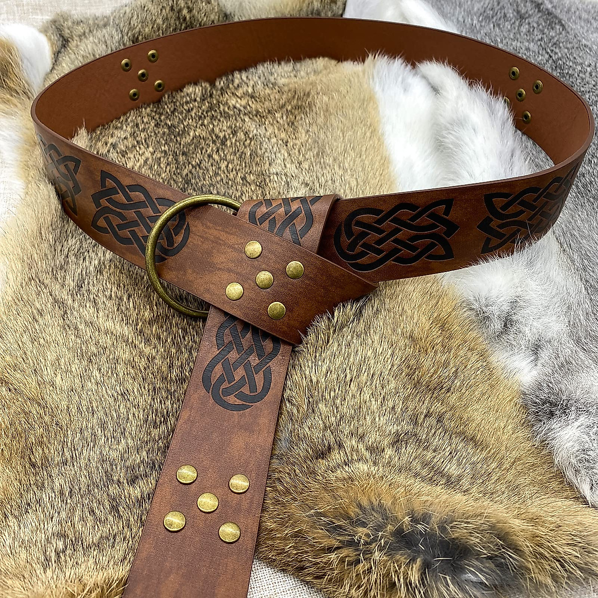 HiiFeuer Medieval Embossed PU Leather O Ring Belt, Retro Renaissance Knight Belt (Dark Brown C)