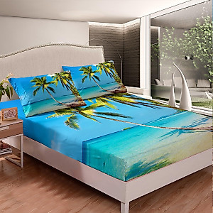 Ocean Beach Fitted Sheet Full Size, Hawaiin Palm Tree Bed Sheets Sets, Summer Coastal Sheets, Tropical Vacation Style Bedding Set, Blue Sea Wave Top Sheet 3Pcs with 2 Pillow Cases Deep Pocket