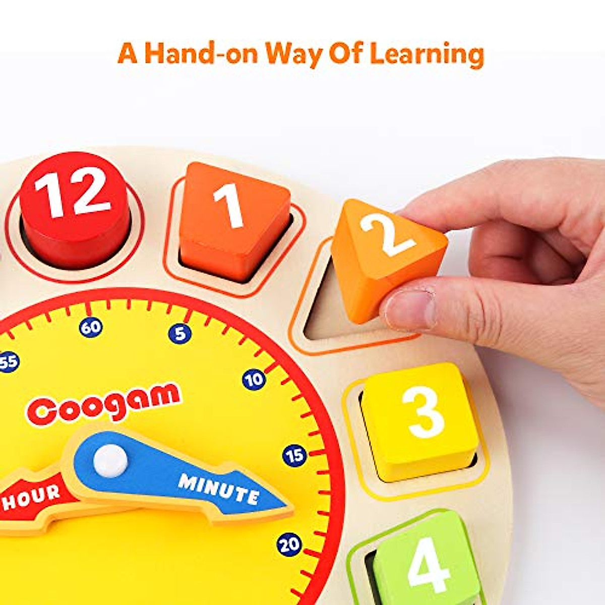 Coogam Wooden Shape Color Sorting Clock – Teaching Time Number Blocks Puzzle Stacking Sorter Jigsaw Montessori Early Learning Educational Toy Gift for Year Old Kids