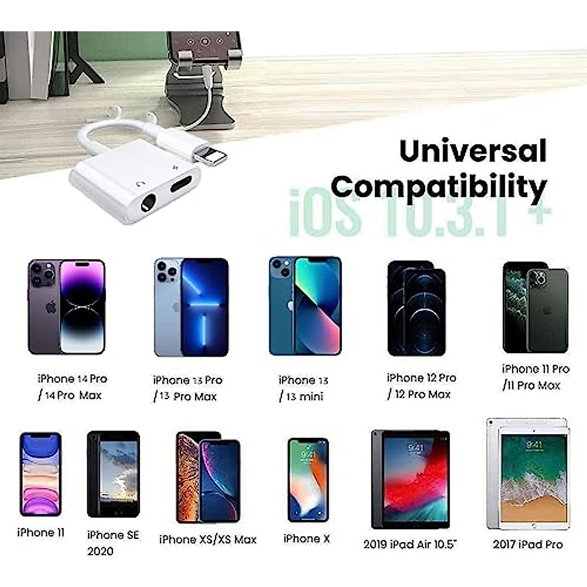 2 Pack Headphone Adapter for iPhone, [Apple MFi Certified] 2 in 1 Lightning to 3.5mm AUX Audio + Charger Splitter Compatible with iPhone 14/13/12/11/XS/XR/X 8/iPad, Support All iOS System