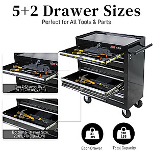 WTRAVEL Rolling Tool Chest with 7-Drawer Tool Box with Wheels Multifunctional Tool Cart Mechanic Tool Storage Cabinet for Garage, Warehouse, Workshop, Repair Shop (Black)