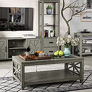 LEEMTORIG Farmhouse Coffee Tables for Living Room, Grey Coffee Tables Rustic Solid Wood Coffee Table with Storage Shelf, Glass Cocktail Table Center Table, 45.5"x26"x19", Antique Grey KFZ-1318-AN
