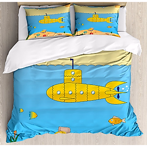 Ambesonne Yellow Submarine Duvet Cover Sets, Cartoon Under Sea Adventure Jellyfish Treasure Chest Seagull Fish, Bedding Set with 2 Duvet Covers 4 Pillowcases, 2 Pack Cal King Size, Blue Yellow Beige