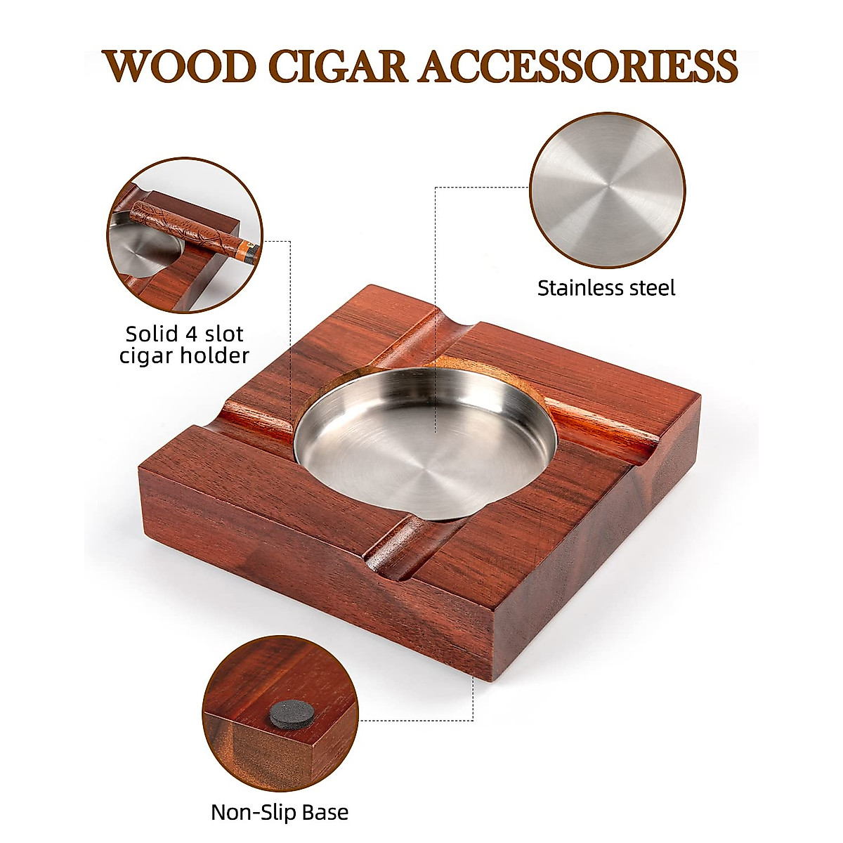 Wood Cigar Ashtray Cigar Accessories Cigarettes Ashtrays for Indoor Outdoor Patio Home Office Use Square Wooden Brown Cigar Ash Tray Cigar Gift Sets for Men with GIFT BOX (Classic)